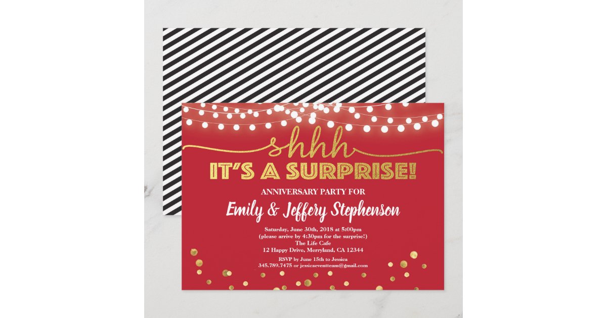 Surprise anniversary party ruby red & gold invitation | Zazzle