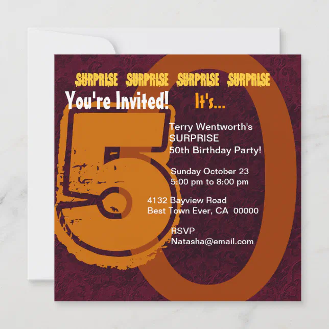 SURPRISE Big 50th Birthday Burgundy Gold F001 Invitation | Zazzle