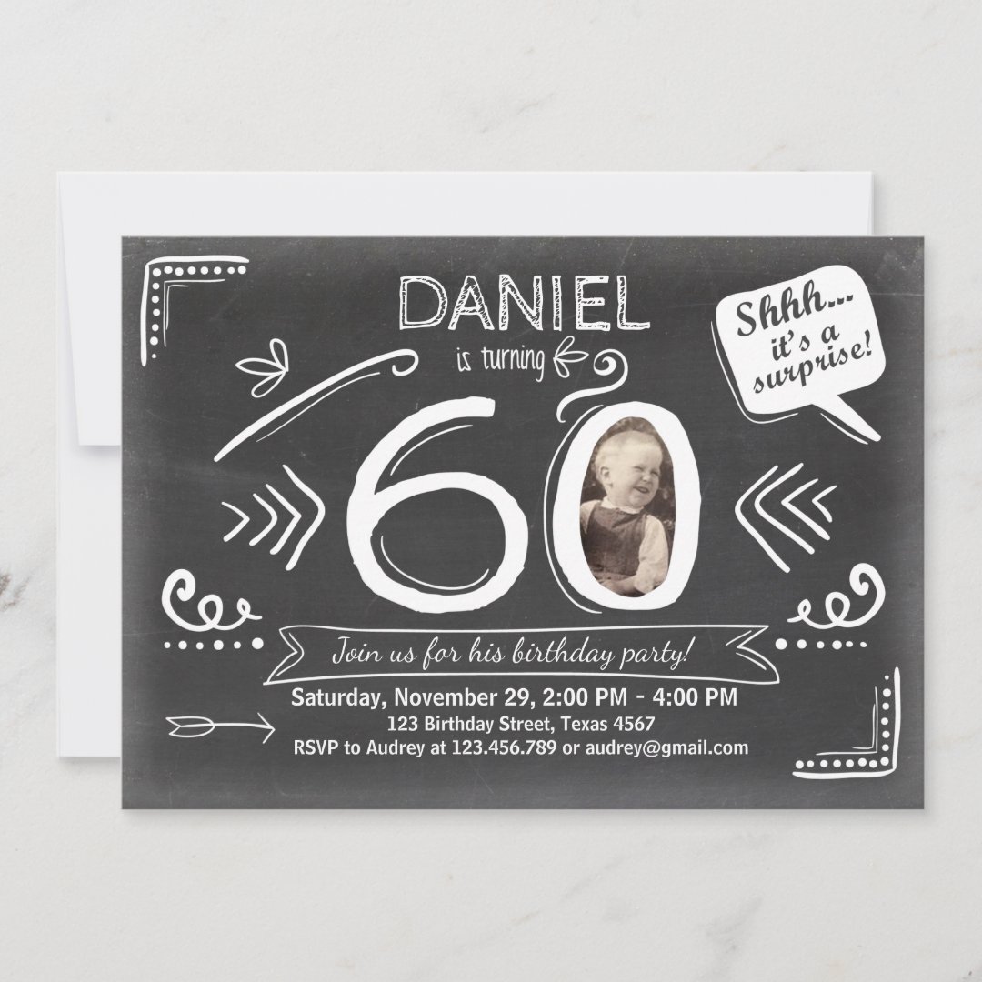 Surprise birthday invitation 60th Chalkboard | Zazzle