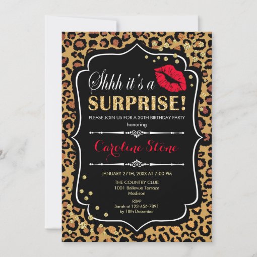 Surprise Birthday Party - Leopard Print Red Invitation | Zazzle