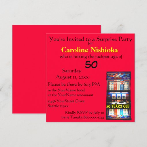 Surprise Birthday Party Lucky Red Slot Machine Invitation | Zazzle