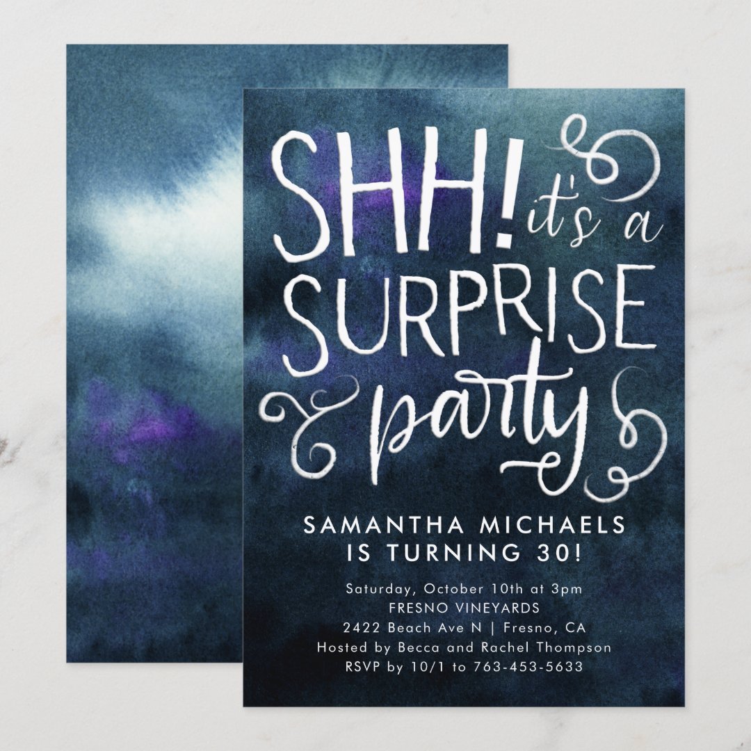 Surprise Birthday Party Navy Blue Watercolor Invitation | Zazzle