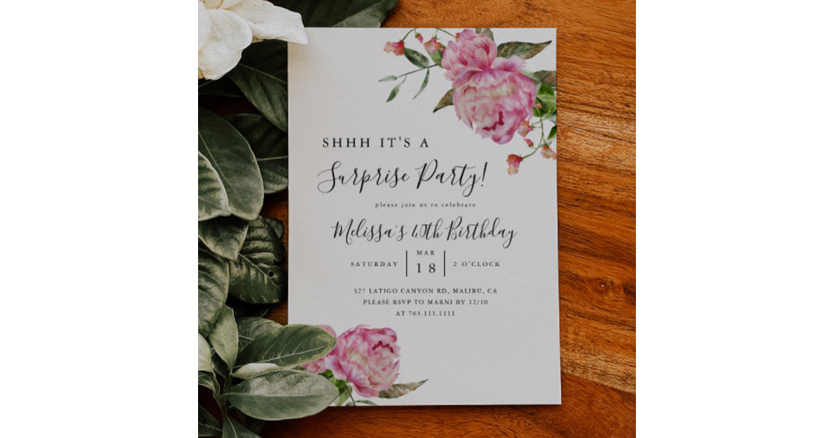 Surprise Birthday Party Pink Floral Invitation | Zazzle