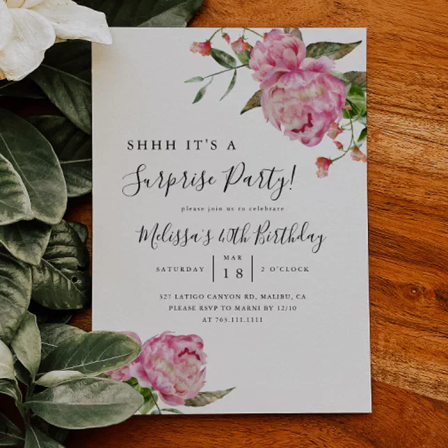 Surprise Birthday Party Pink Floral Invitation | Zazzle