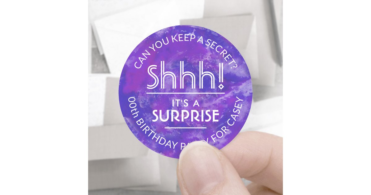 Surprise Birthday Party Shhh! Purple Watercolor Classic Round Sticker ...