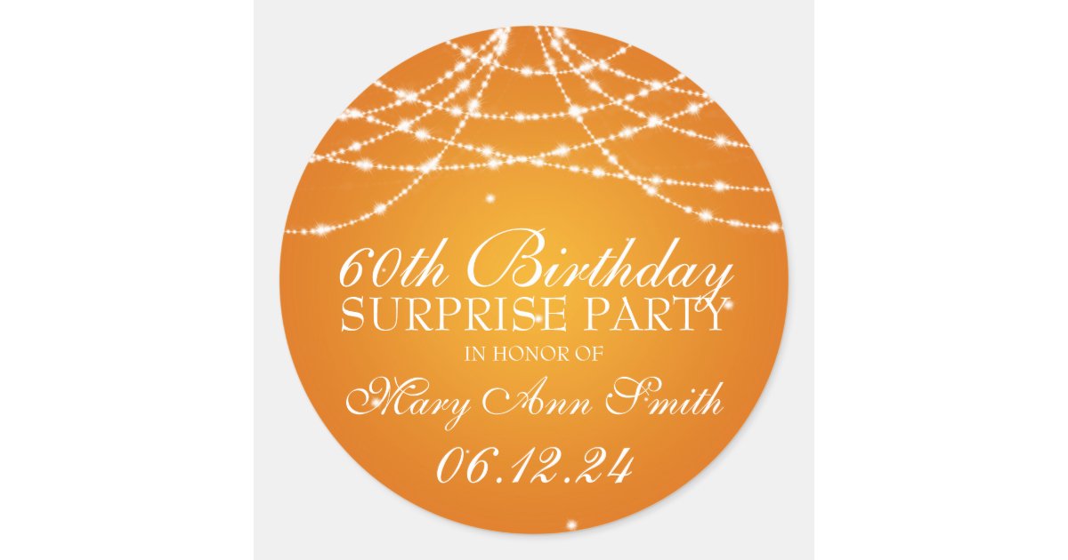 Surprise Birthday Party String of Stars Orange Classic Round Sticker ...