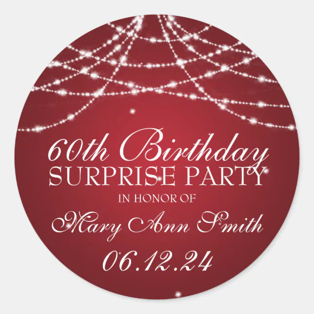 Surprise Birthday Party String of Stars Red Classic Round Sticker | Zazzle