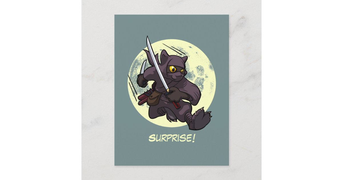 Surprise! Black Cat Ninja Flying Kick Cartoon Postcard | Zazzle
