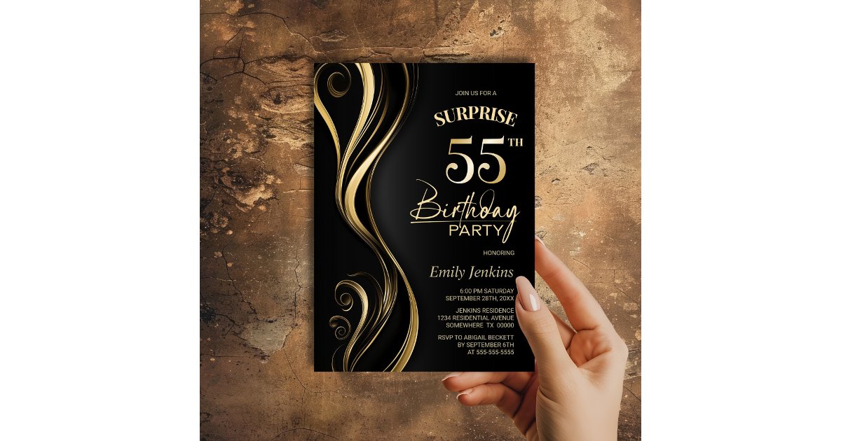 Surprise Black Gold 55th Birthday Party Invitation | Zazzle