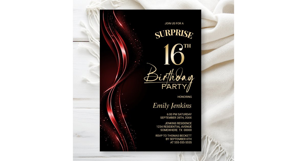 Surprise Black Red 16th Birthday Party Invitation | Zazzle