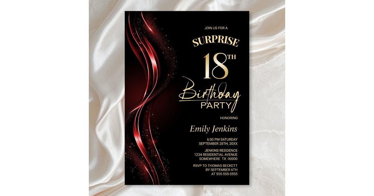Surprise Black Red 18th Birthday Party Invitation | Zazzle
