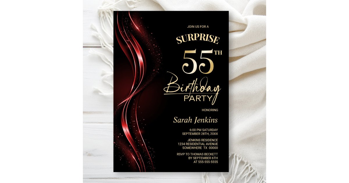Surprise Black Red 55th Birthday Party Invitation | Zazzle