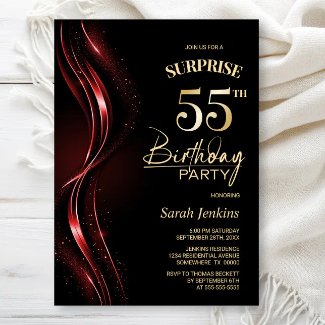 Surprise Black Red 55th Birthday Party Invitation | Zazzle