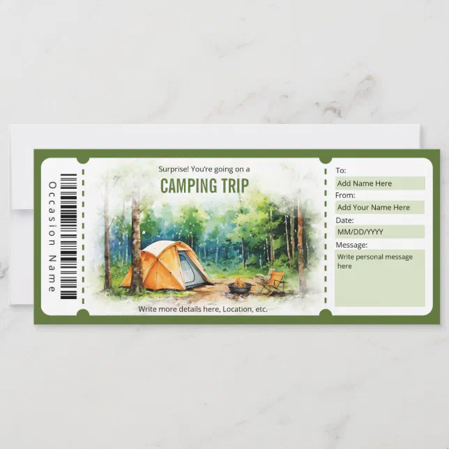 Surprise Camping Trip Ticket Template | Zazzle