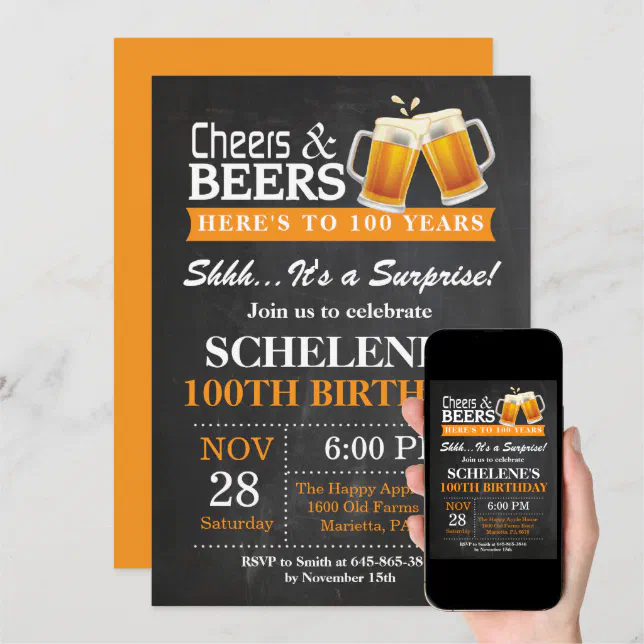 Surprise Cheers and Beers 100th Birthday Invitation | Zazzle