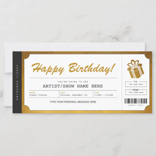 Surprise Concert Gold Gift Ticket Invitation | Zazzle