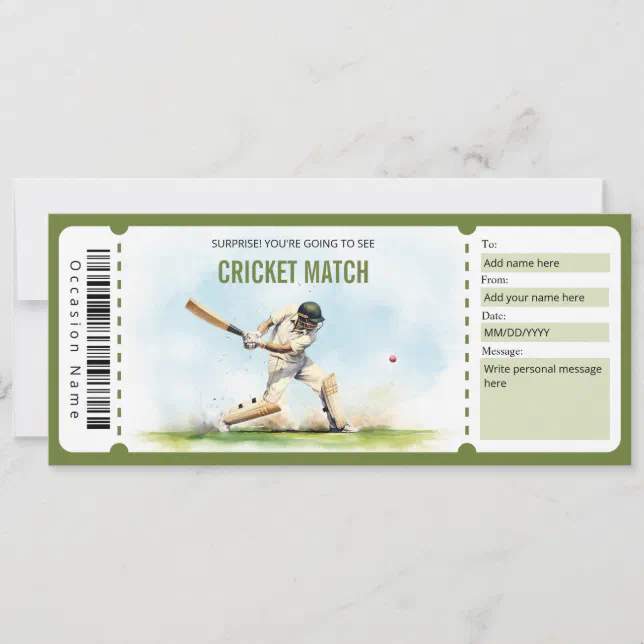 Surprise Cricket Match Ticket Gift Certificate Invitation | Zazzle