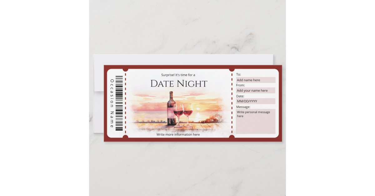 Surprise Date Night Gift Ticket Template | Zazzle