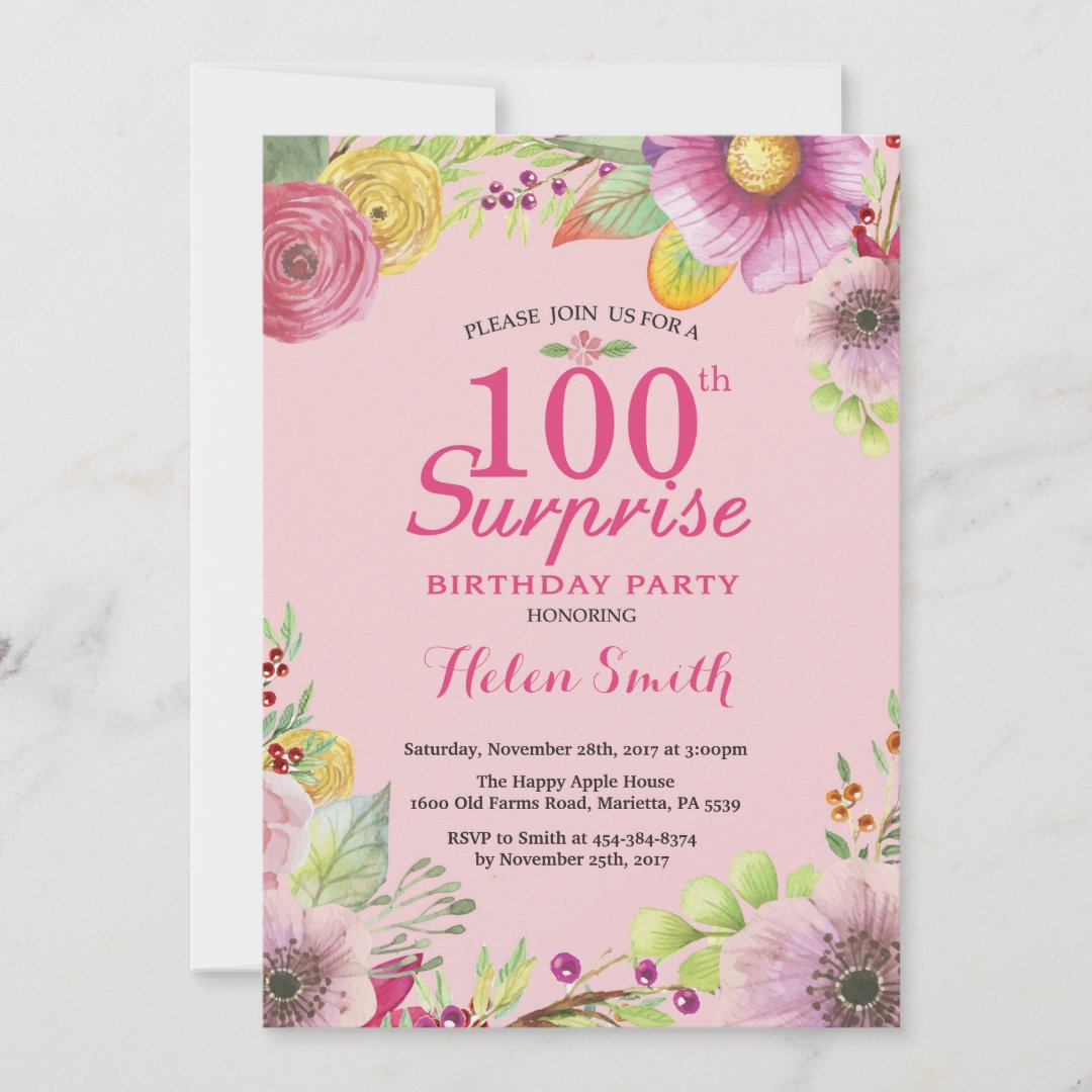 Surprise Floral 100th Birthday Invitation Women | Zazzle