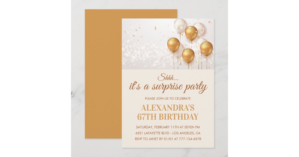Surprise Gold Balloons 67th birthday invitations | Zazzle