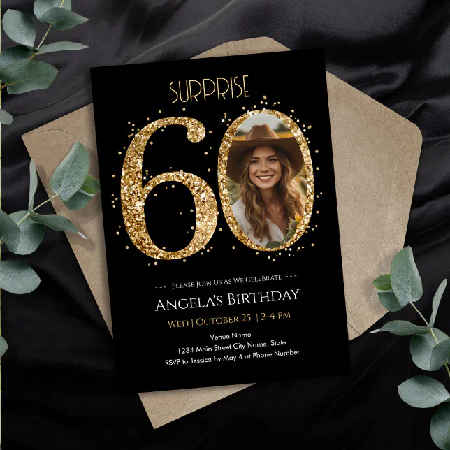 Surprise Gold Glitter 60th Birthday Photo Invitation | Zazzle