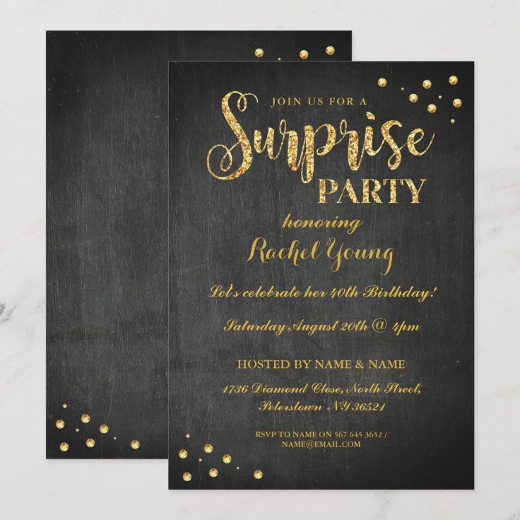 Surprise Gold Glitter Birthday Chalk Invitation | Zazzle