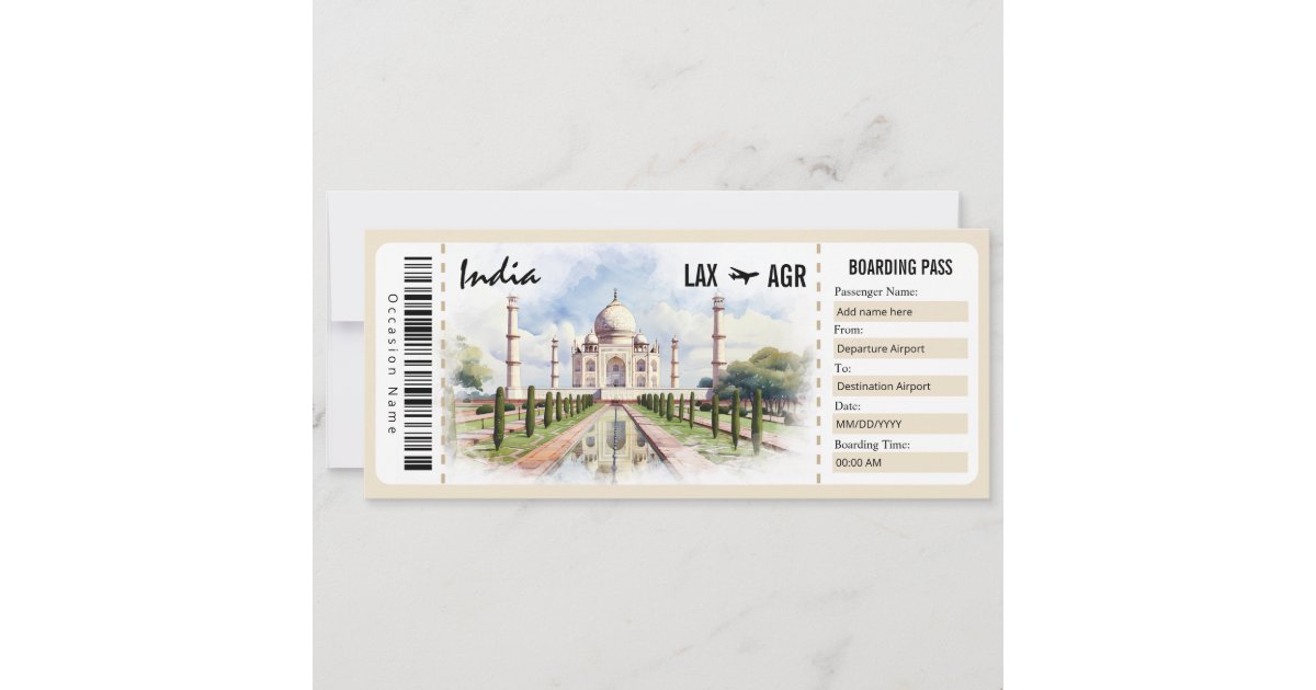 Surprise India Boarding Pass Gift Certificate Invitation | Zazzle
