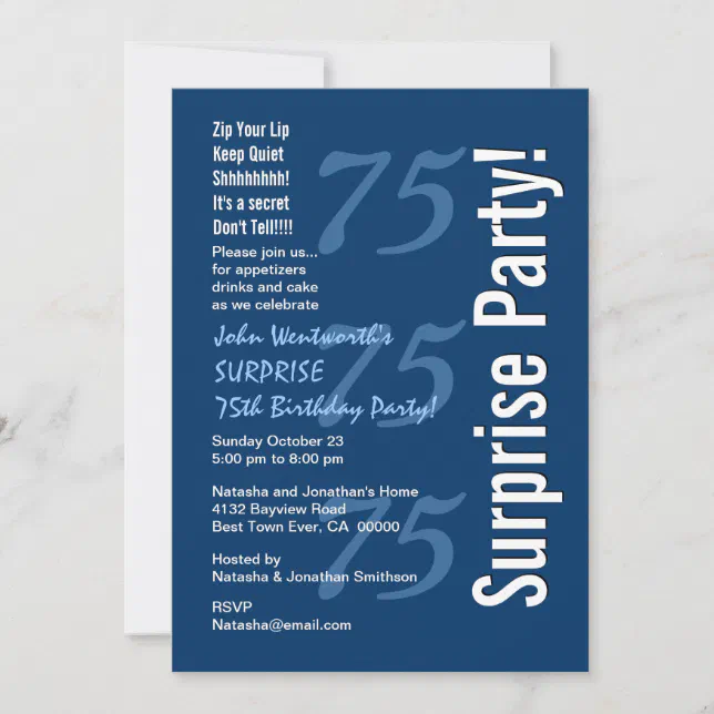 SURPRISE Modern 75th Birthday Navy Blue and White Invitation | Zazzle
