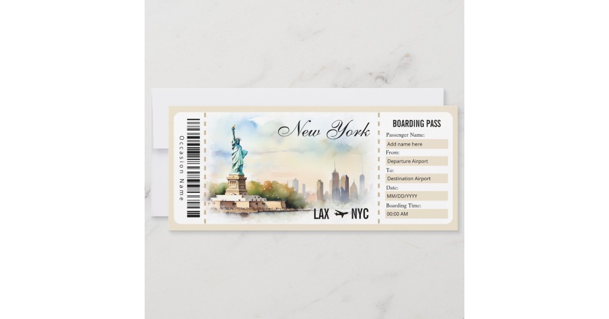Surprise New York Boarding Pass Gift Certificate Invitation | Zazzle
