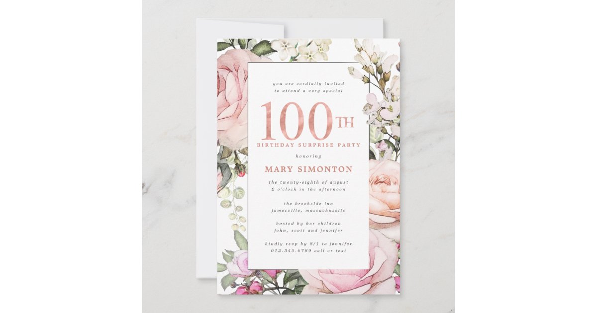 SURPRISE PARTY 100th Birthday Blush Pink Floral Invitation | Zazzle