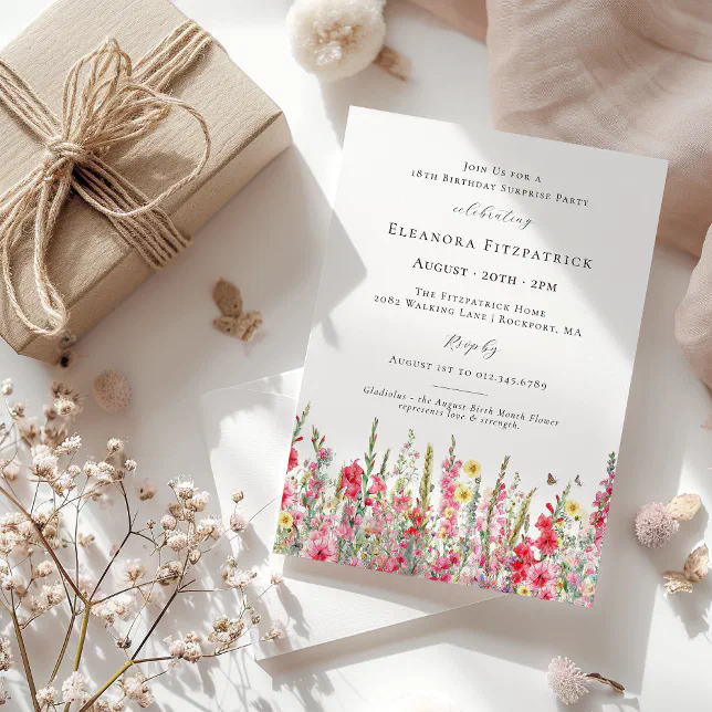 SURPRISE PARTY 18th Birthday August Birth Flower Invitation | Zazzle