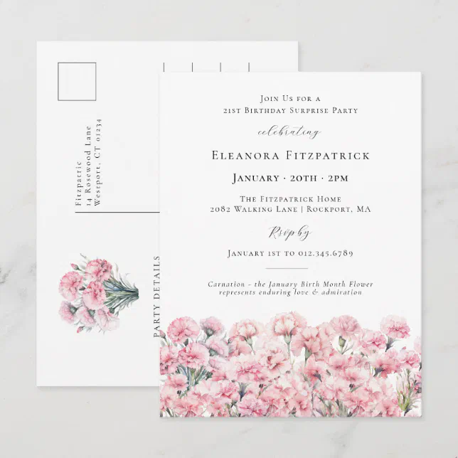 SURPRISE PARTY 21st Birthday January Birth Flower Invitation Postcard ...