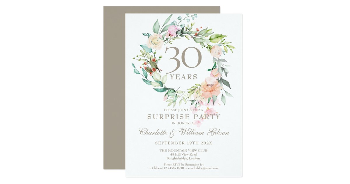 Surprise Party 30th Anniversary Roses Garland Invitation | Zazzle.com