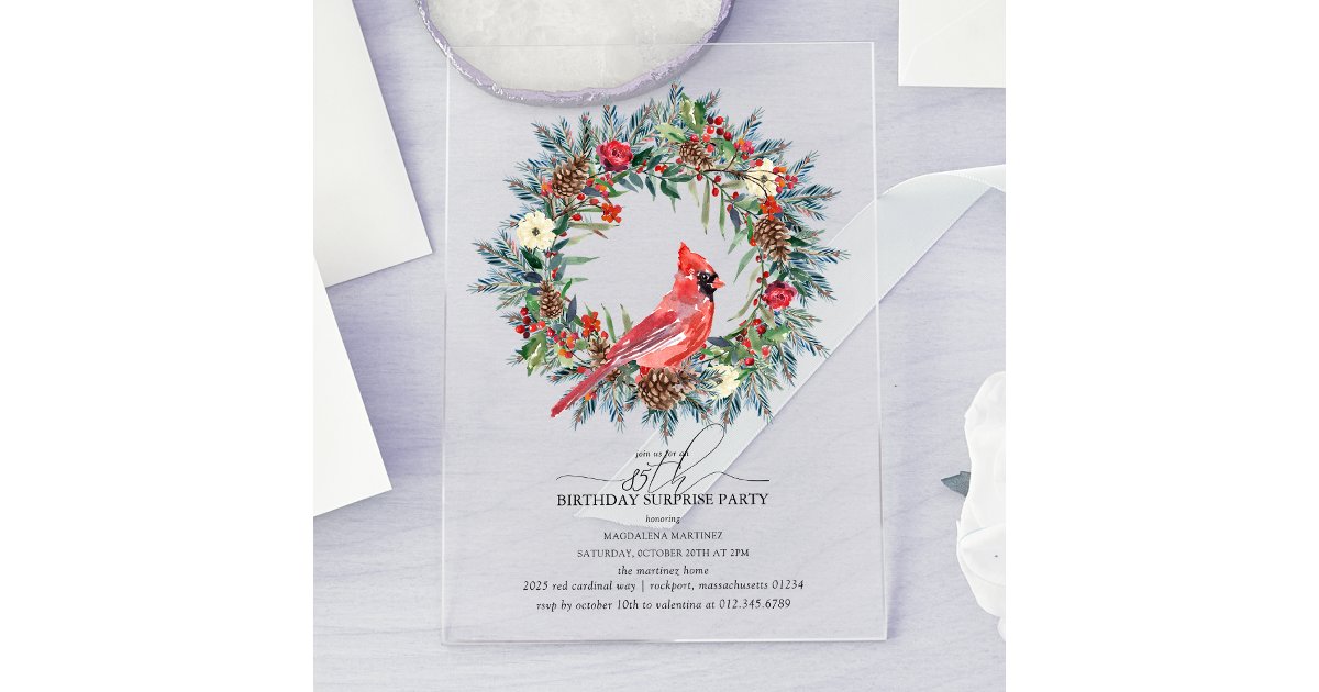 SURPRISE PARTY 85th Birthday Cardinal Wreath Acrylic Invitations | Zazzle