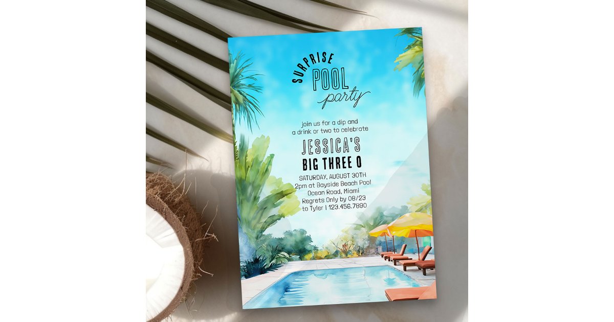 Surprise Pool Party Watercolor Adult Birthday Invitation | Zazzle