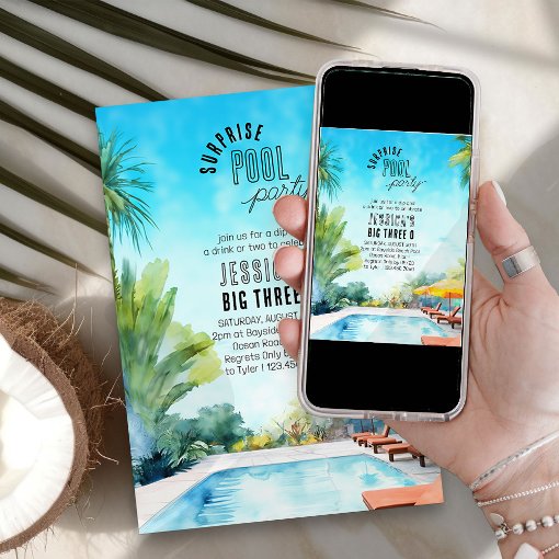 Surprise Pool Party Watercolor Adult Birthday Invitation | Zazzle