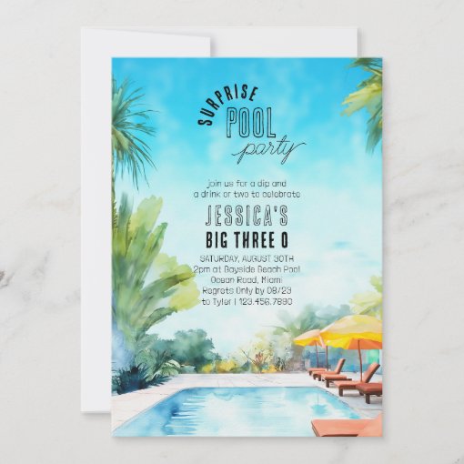 Surprise Pool Party Watercolor Adult Birthday Invitation | Zazzle