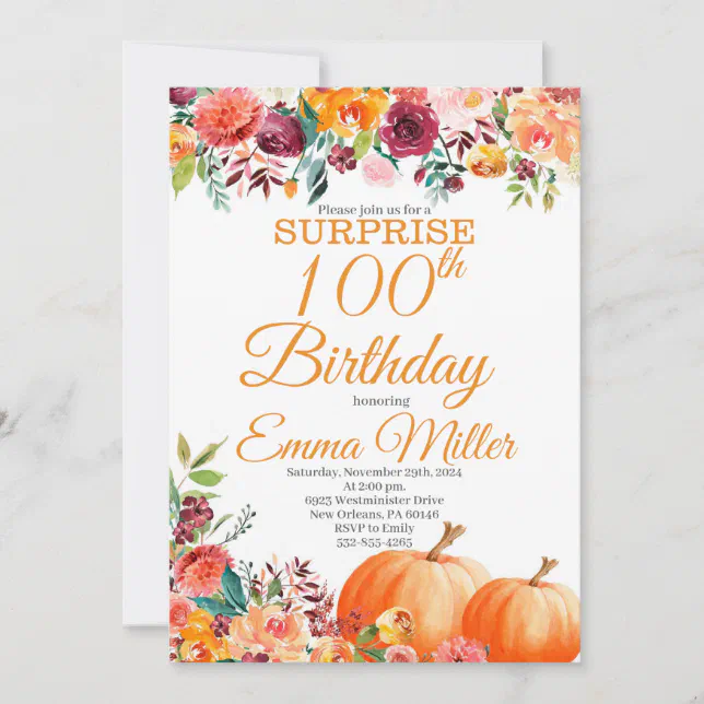 Surprise Pumpkins Fall 100th Birthday Invitation | Zazzle