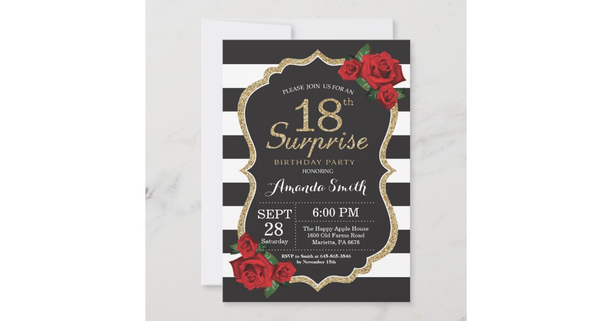 Surprise Red Rose 18th Birthday Invitation Gold | Zazzle