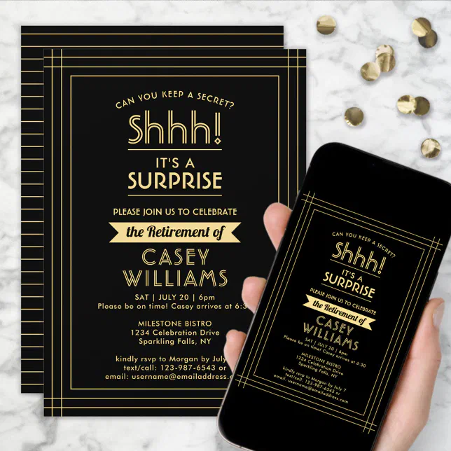 Surprise Retirement Party Elegant Black and Gold Invitation | Zazzle