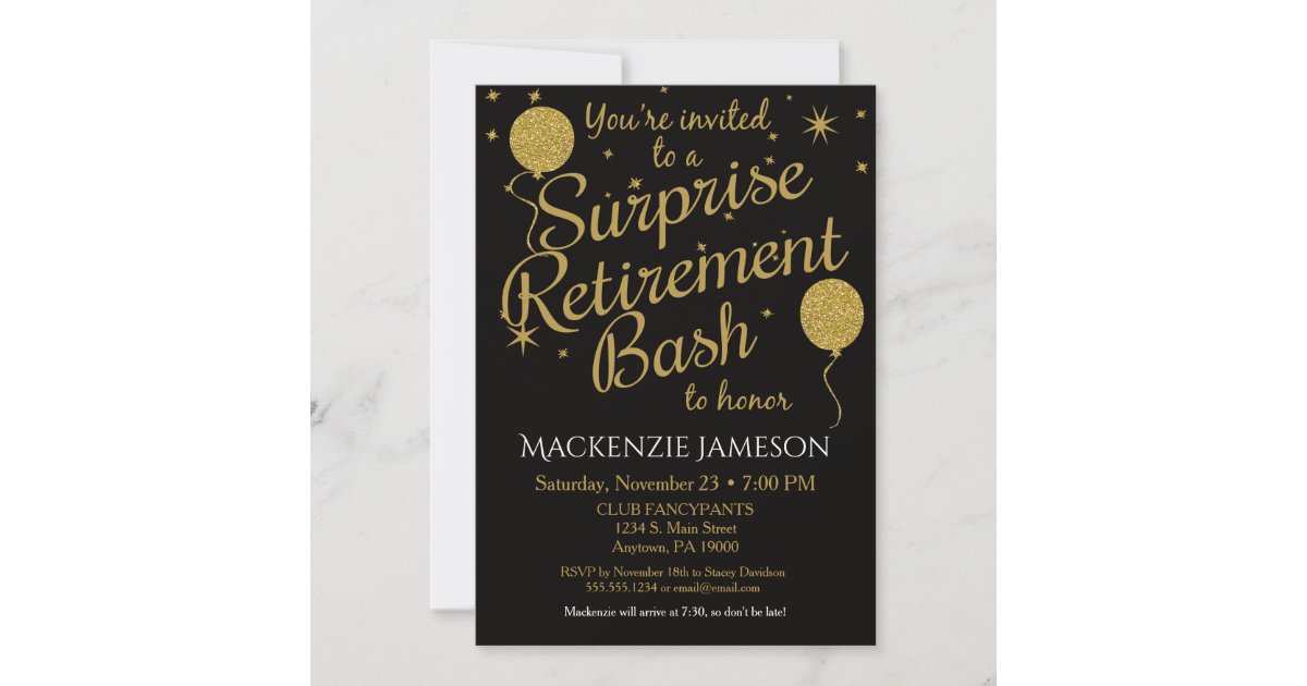 Surprise Retirement Party Invitation Gold Balloons | Zazzle
