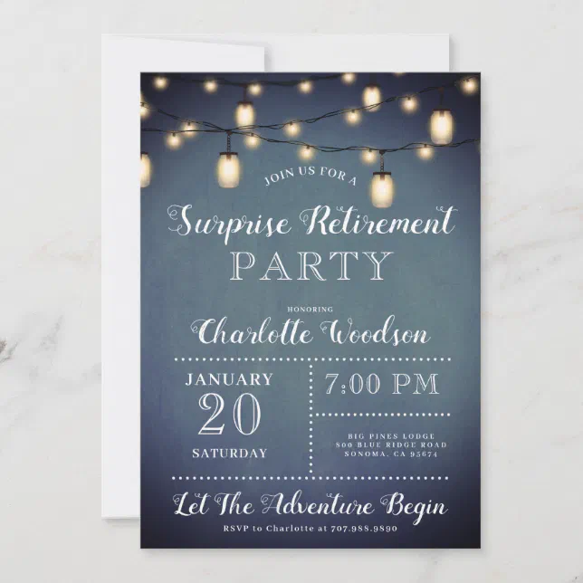 Surprise Retirement Party String Lights Blue Invitation | Zazzle