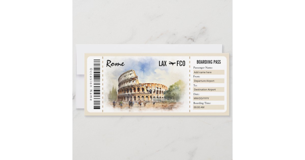 Surprise Rome Boarding Pass Gift Certificate Invitation | Zazzle