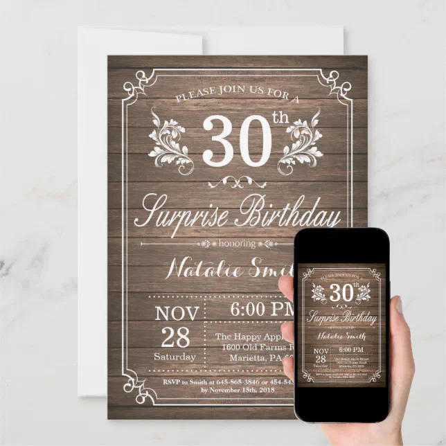 Surprise Rustic 30th Birthday Invitation Floral | Zazzle
