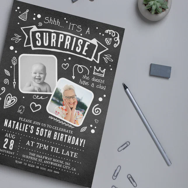 Surprise Rustic Chalk Doodle 2 Photo Birthday Invitation | Zazzle