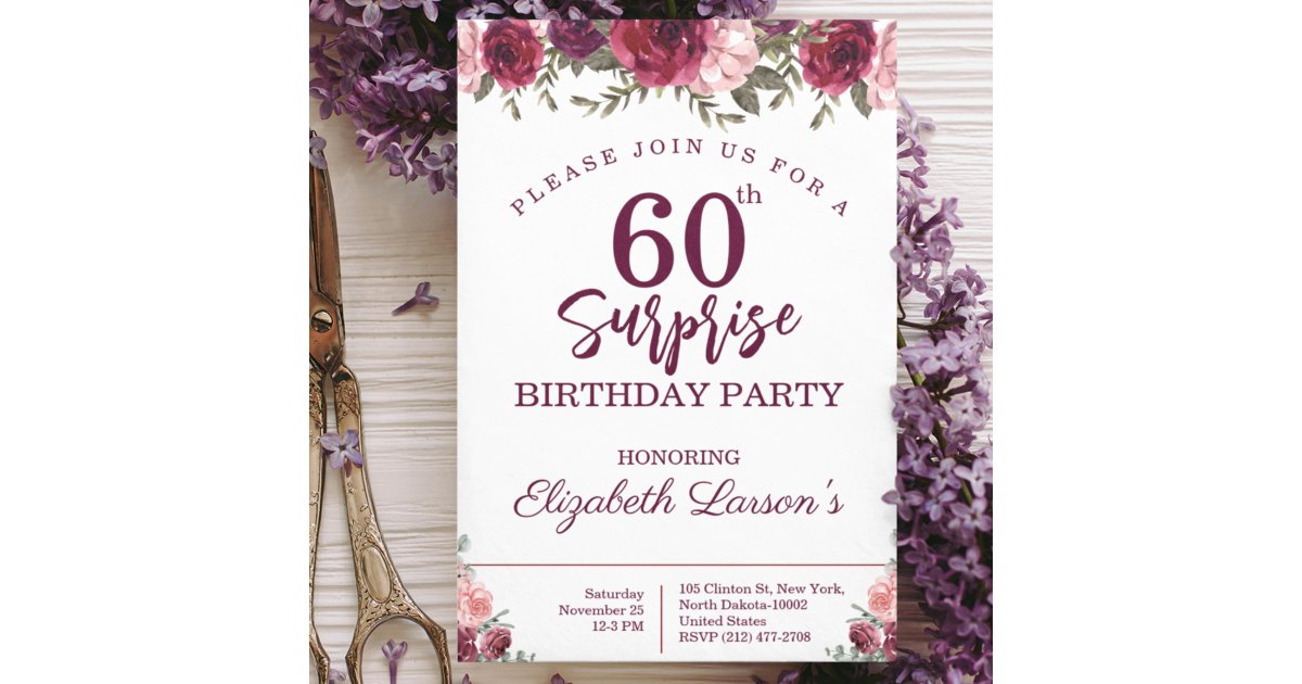 Surprise Senior Birthday Party Floral Burgundy Invitation | Zazzle