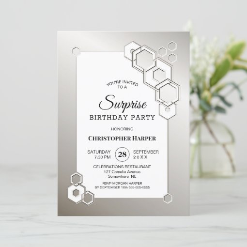 Surprise Silver Geometric Birthday Party Invitation | Zazzle