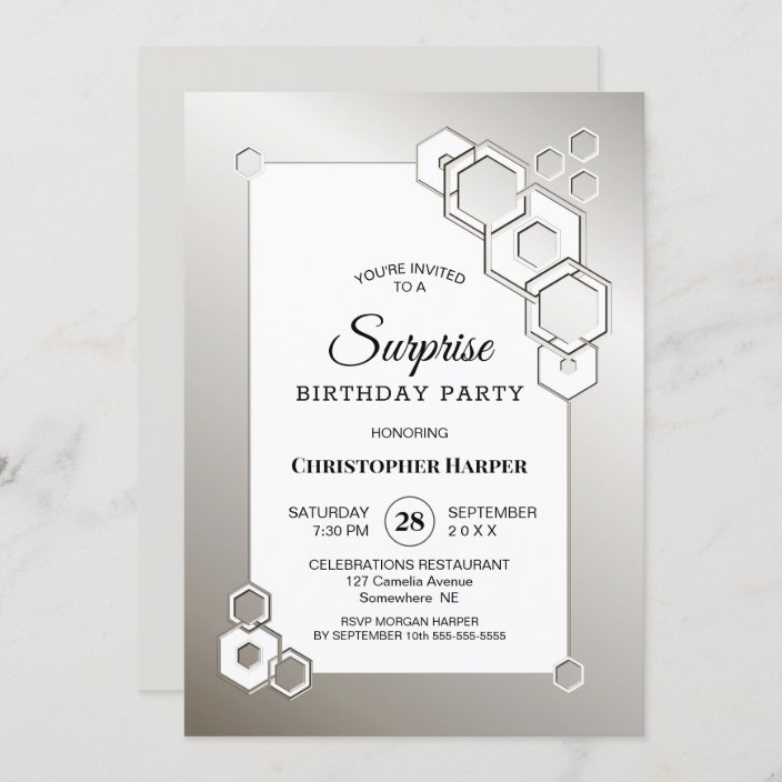 Surprise Silver Geometric Birthday Party Invitation | Zazzle.com