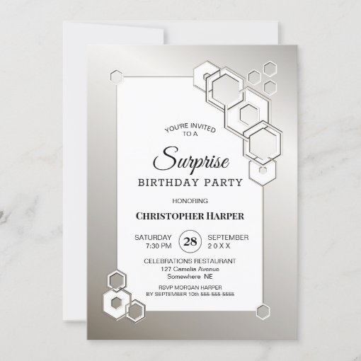 Surprise Silver Geometric Birthday Party Invitation | Zazzle