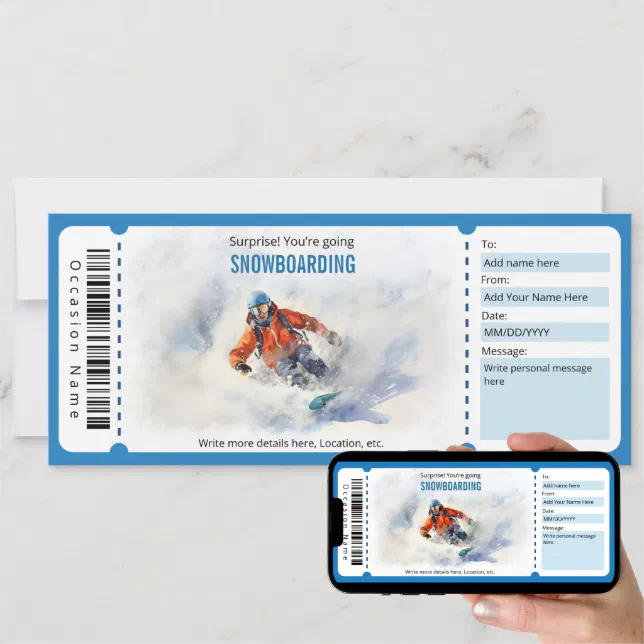 Surprise Snowboarding Ticket Voucher Template | Zazzle